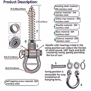 Dakzhou 2 Permanent Anti Rust Bearing Hanger Heavy Duty, 1500 LBS, 180° Swing Hardware, for Yoga Hammock Chair sandbag Playground Accessories