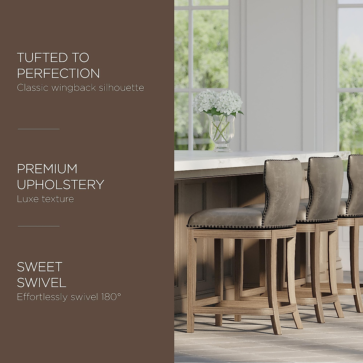 Maven Lane Hugo 26 Inch High Counter Height Barstool with Low Back in Reclaimed Oak Finish with Ronan Stone Vegan Leather Upholstered Seat