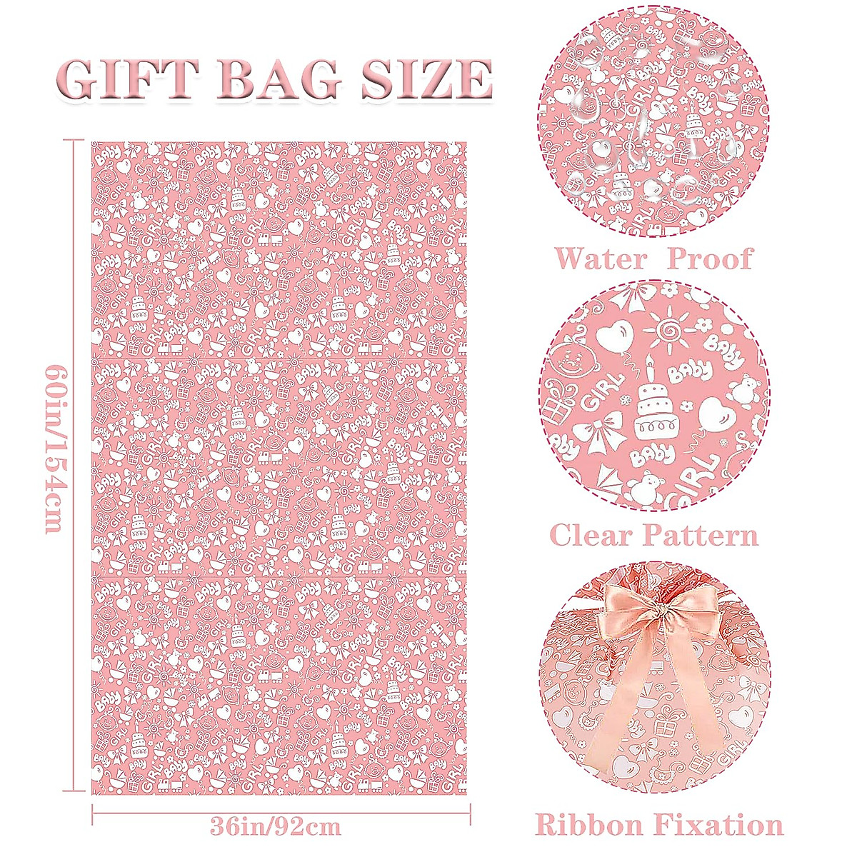 Jaywayang Extra Large Plastic Gift Bag, Jumbo Baby Girl Gift Bag with Ribbon and Tag for Birthday, Baby Shower Giant Gifts Wrapping (60" Pink)