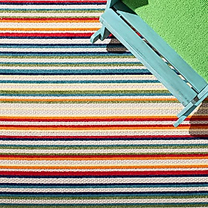 SAFAVIEH Cabana Collection 6'7" x 9' Ivory/Green CBN323A Stripe Indoor/ Outdoor Non-Shedding Easy-Cleaning Patio Backyard Porch Deck Mudroom Area-Rug