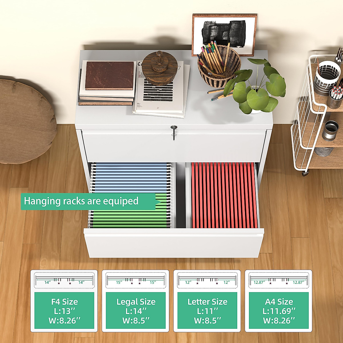 Bonusall Lateral File Cabinet 2 Drawer, Metal Lateral Filing Cabinet with Lock, Locking Organizer Filed Drawer Cabinet for Letter/Legal / A4 / F4 Size for Home Office, Sturdy Steel, White