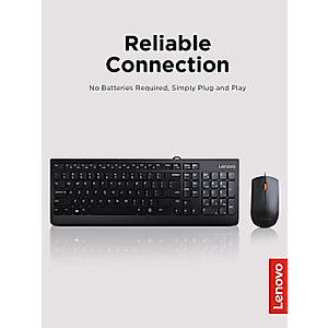 Lenovo 300 USB Combo, Full-Size Wired Keyboard & Mouse, Ergonomic, Left or Right Hand Mouse, Optical Mouse, GX30M39606, Black