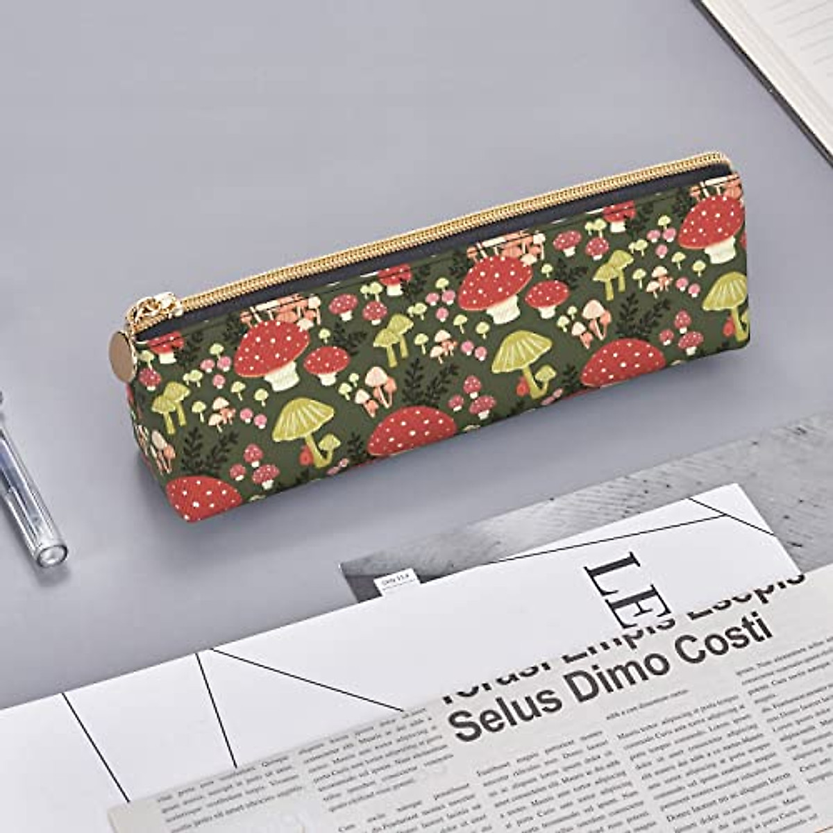 Ykklima Mushrooms Pattern Leather Pencil Case Zipper Pen Makeup Cosmetic Holder Pouch Stationery Bag for School, Work, Office