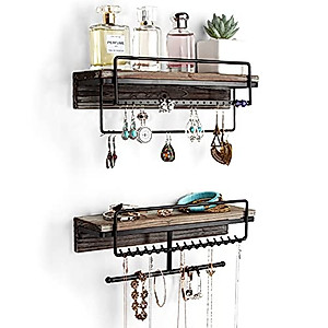 J JACKCUBE DESIGN Rustic Wood 2 Tier Jewelry Organizer, Hanging Wall Mount Accessories Display Rack for Earrings, Necklaces, Breacelet, Rings, Scrunchies with Shelf- MK628A (Rustic Wood)