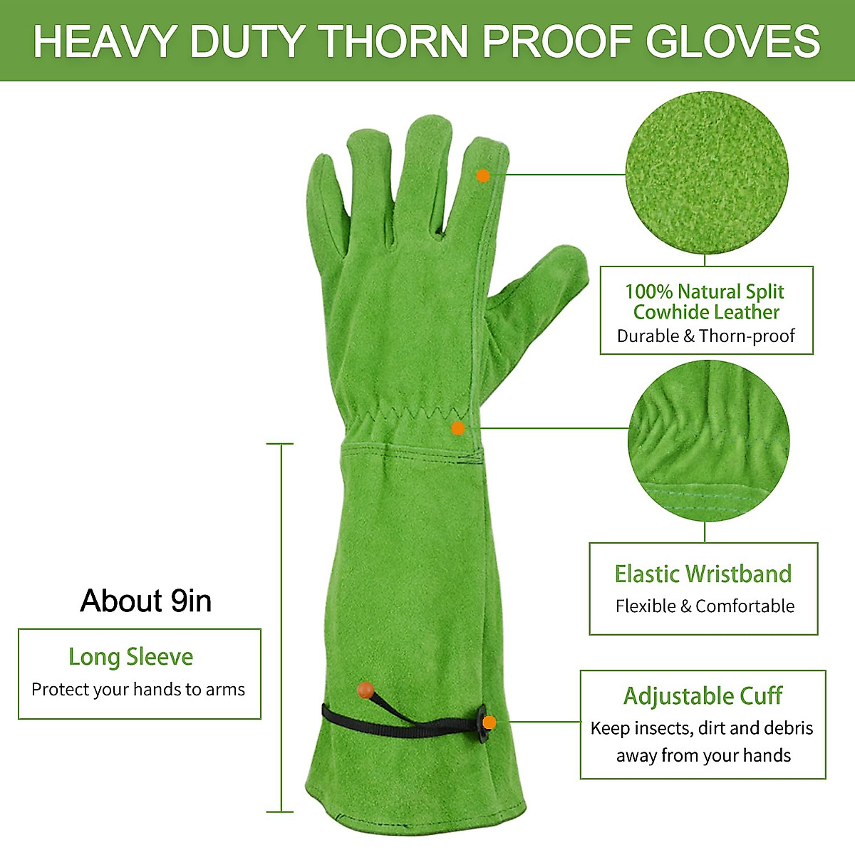 GLOSAV Professional Thorn Proof Gardening Gloves for Women and Men Rose Pruning & Cactus Trimming, Long Sleeve Heavy Duty Ladies Garden Gloves, Cowhide Leather (Small, Green)
