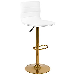 Flash Furniture Vincent Modern White Vinyl Adjustable Bar Stool with Back, Counter Height Swivel Stool with Gold Pedestal Base, Set of 2
