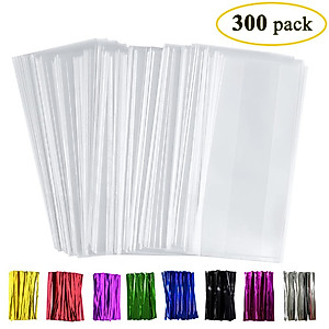 Belinlen 300 Pack 4” x 9” Treat Bags Plastic Poly Bags - Side Gusset- Cookie Bags Multi-purpose Plastic Gift Bag Coming With 300 Colorful Twist Ties