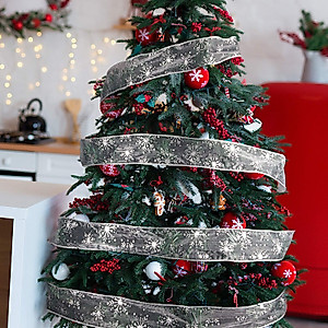 Livder 2.5 Inch Wide Christmas Wired Ribbon Snowflake Organza Sheer Glitter Ribbon for Xmas Tree, Wreath, Party Decoration, Gift Wrapping (Silver-White, 10.9 Yards)