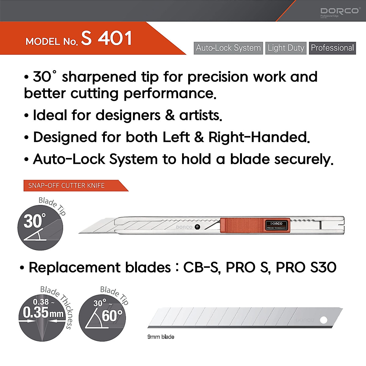 DORCO Professional Quality Utility Box Cutter Knife S401 - Auto-Lock Safety System, Small Design, Retractable, Built-In Snap-Off Tool, Replaceable Carbon Steel Blade, 30° Blade Tip For Precision - 9mm