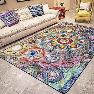 Qkjtyt Unique Colorful Mandala Floral Rugs 4'x6' Pebbles Cobblestones Flowers Print Area Rug for Bedroom Classroom Non-Shedding Low Pile Rectangular Mats,Red/Blue