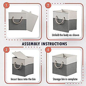 Ornavo Home Foldable Collapsible Storage Box Bins Linen Fabric Shelf Basket Cube Organizer with Rope Handles - Set of 6-13 x 13 x 13 - White/Gray