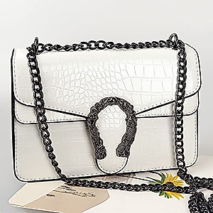 Crossbody Shoulder Bag for Women Luxurious Snake Print Leather Chain Tote Evening Square Handbag Satchel Purse White