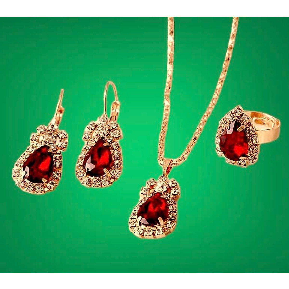 EONLINE Fashion Gemstone Claw Chain Diamond Necklace Earrings Ring Three Piece Jewelry Sets (Red Gemstone)