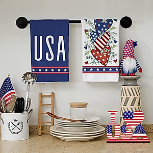 GEEORY 4th of July Kitchen Towels Love Heart USA Patriotic Dish Towels 18x26 Inch Ultra Absorbent Bar Drying Cloth Hand Towel for Kitchen Bathroom Party Home Decorations Set of 2