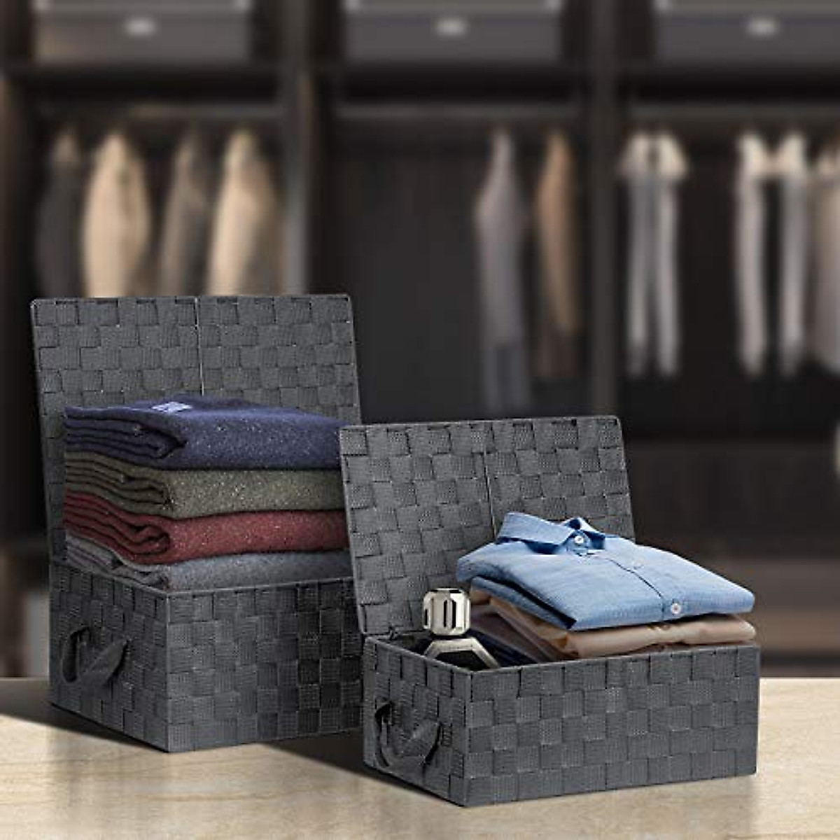 Sorbus Storage Box Woven Basket Bin Container Tote Cube Organizer Set Stackable Storage Basket Woven Strap Shelf Organizer Built-In Carry Handles (Woven Lid Baskets - Gray)