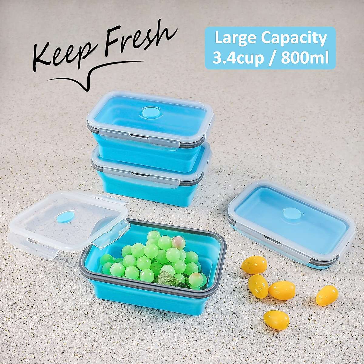 Annaklin Collapsible Food Storage Containers with Airtight Lid & Vent Valve, 27 oz, Kitchen Stacking Silicone Collapsible Meal Prep Container Set for Leftover, Microwave Freezer Safe, Blue, Set of 4