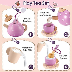 BUYGER Wooden Tea Party Set for Toddler Little Girls 3-5 with Teapot Tea Cup Set Wooden Play Food Toy Kitchen Accessories for Kids Girls Children Boys Toddler…