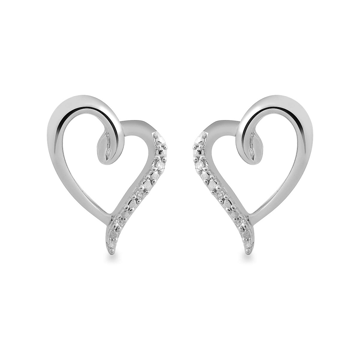 Jewelili Heart Diamond Stud Earrings in 10K White Gold, Minimalistic Dainty Earrings