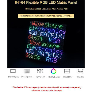 Flexible RGB Full-Color LED Matrix Panel 64x64, 4096 RGB LEDs, 3mm Pitch, Adjustable Brightness Chainable Design, Display Text/Colorful Image/Animation, for Raspberry Pi/Raspberry Pi Pico / ESP32