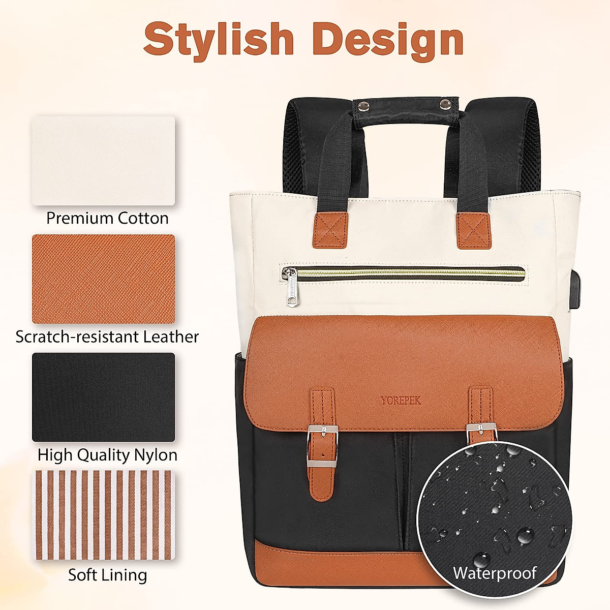 Convertible Tote Backpack Women, 15.6 Inch Slim Laptop Backpack Lightweight with USB Charging Port, Wide Top Open College School Bookbag Casual Elegant Daypack Computer Bag for Girls Ladies Students