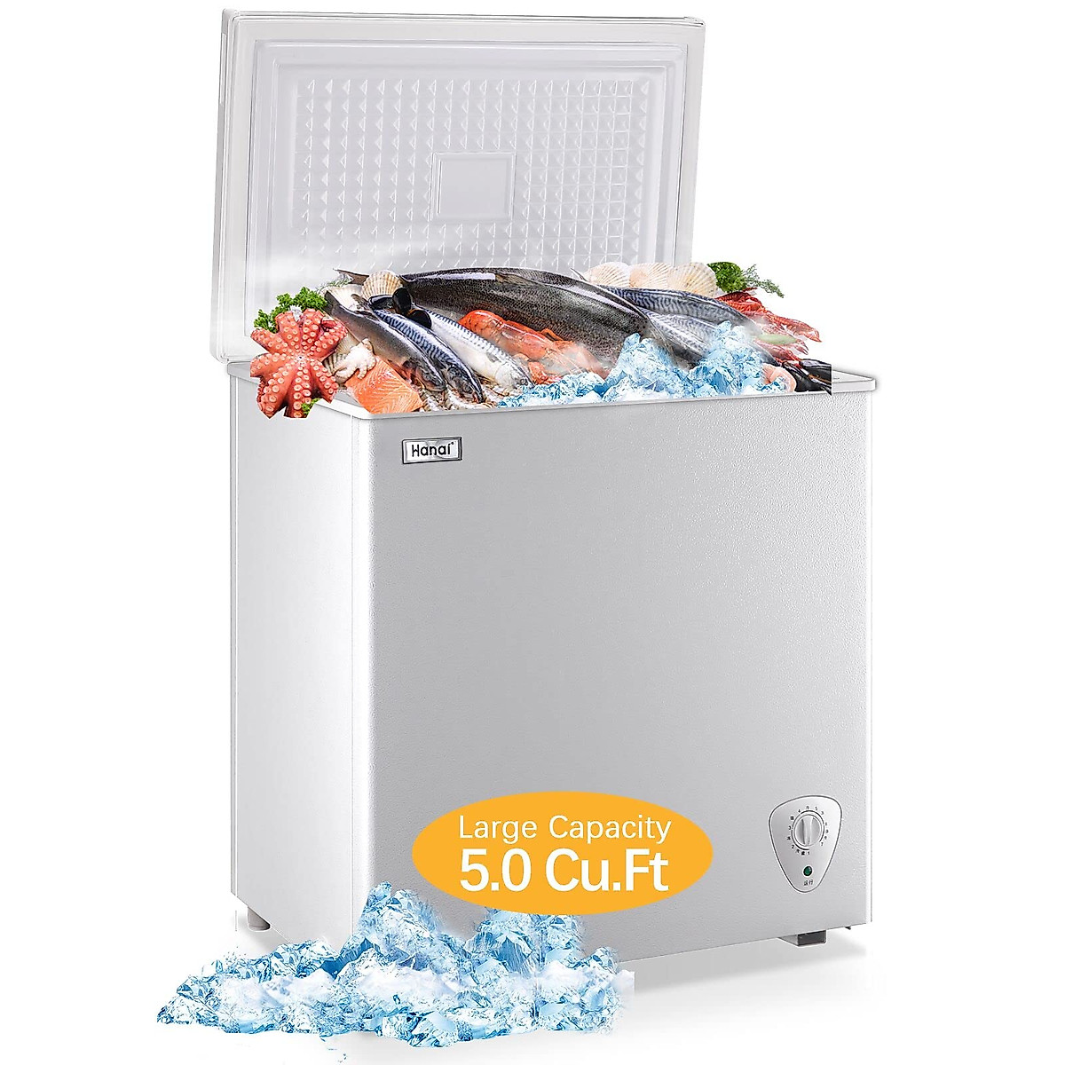 Chest Freezer 5.0 Cu.Ft Black Compact Freezer, Manual Defrost Deep Freezer with Storage Basket, Space-Saving Flat Back, Stay-Open Lid, Side-Access Drain for Home Basement Cottage Business