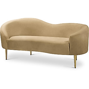 Meridian Furniture 659Camel-L Ritz Collection Modern | Contemporary Upholstered Loveseat with Rich Camel Velvet, Gold Metal Legs, Curved Contemporary Design, 67" W x 31.75" D x 30.5" H, Camel