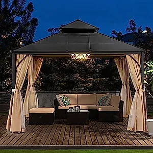 ABCPATIO 10x10 Hardtop Gazebo - Outdoor Polycarbonate Double Roof Gazebo Canopy, Metal Frame Permanent Pavilion with Curtains and Netting for Patio, Garden, Patio, Lawns (Beige)