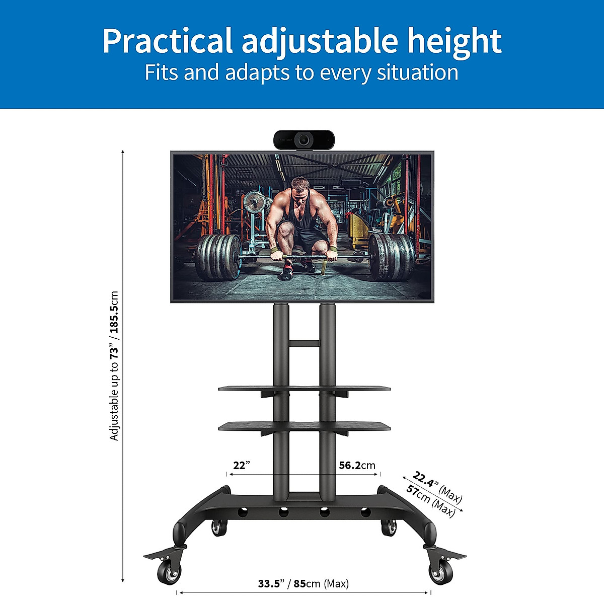 Blue Key World Rolling TV Stand with Large Wheels for 32 to 70 Inch Flat Screens [Mobile TV Stand, Adjustable Height, Indoor/Outdoor TV Stand] Portable Standing Mount, TV Cart Monitor Floor Stand