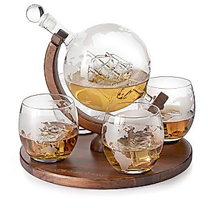 Etched World Decanter whiskey Globe - The Wine Savant Whiskey Gift Set Globe Decanter 750 ml with Antique Ship, Whiskey Stones and 4 World Map 10oz Glasses, Great Gift - Alcohol Related Gift, HOME BAR
