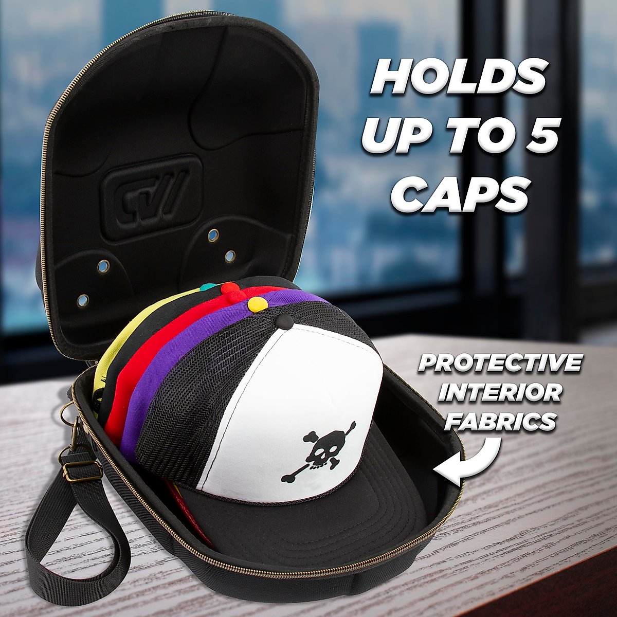 CASEMATIX Hat Travel Case for up to 5 Baseball Caps with Crush-Resistant Hard Shell Outer, Adjustable Shoulder Strap and Comfortable Handle - Portable Hat Case Carrier for Travel and Hats Storage