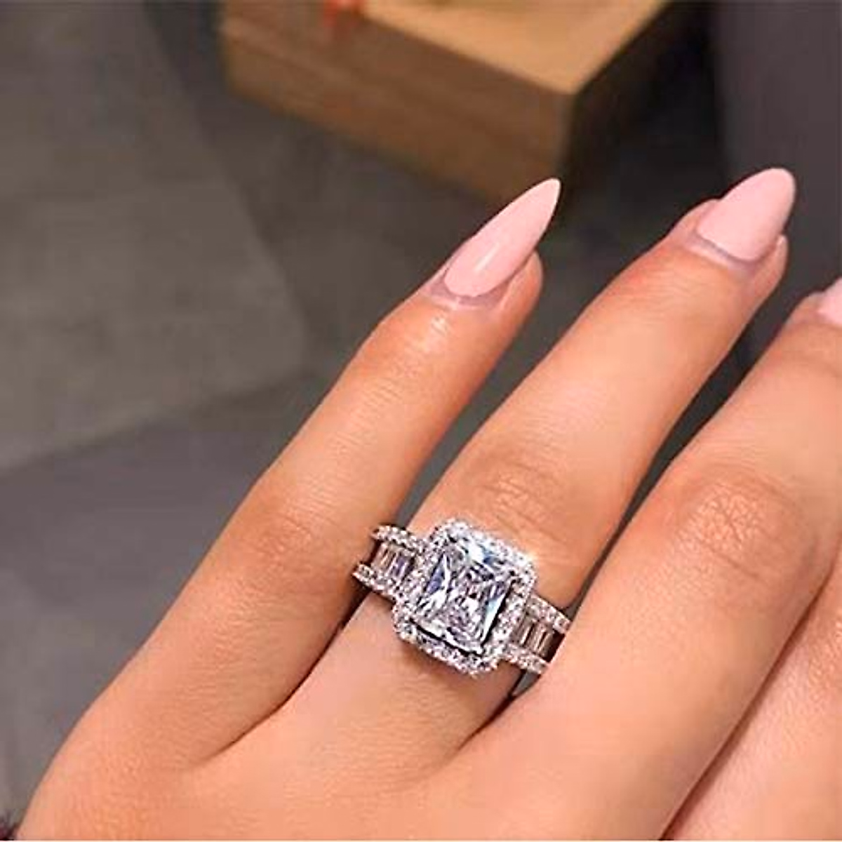 Gixaxak Princess Cut Cubic Zirconia Ring 925 Sterling Silver Engagement Wedding Ring with Emerald Cut Cubic Zirconia Simulated Diamond Wedding Engagement Ring 7