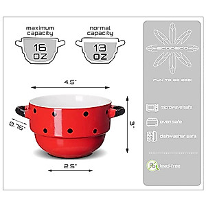 ECODECO Soup Bowls with Handles - Ceramic - Polka Dot Red - 16 Ounce - Set of 4 - French Onion Soup Crocks for Oven Baking