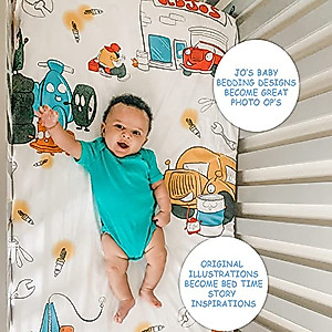 JumpOff Jo - Fitted Crib Sheet, Super Soft 100% Cotton Sheet for Standard Crib Mattresses and Toddler Beds, 28 in. x 52 in, Storytelling Designs - Jo's Garage (White)