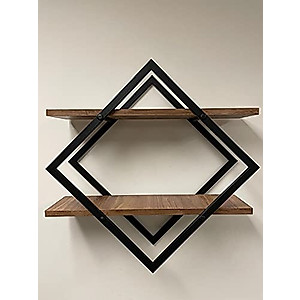 Diamond Shape Metal Frame Wall Mount Rustic Shelf. Mid Century Modern 2 Tier Wall Shelf