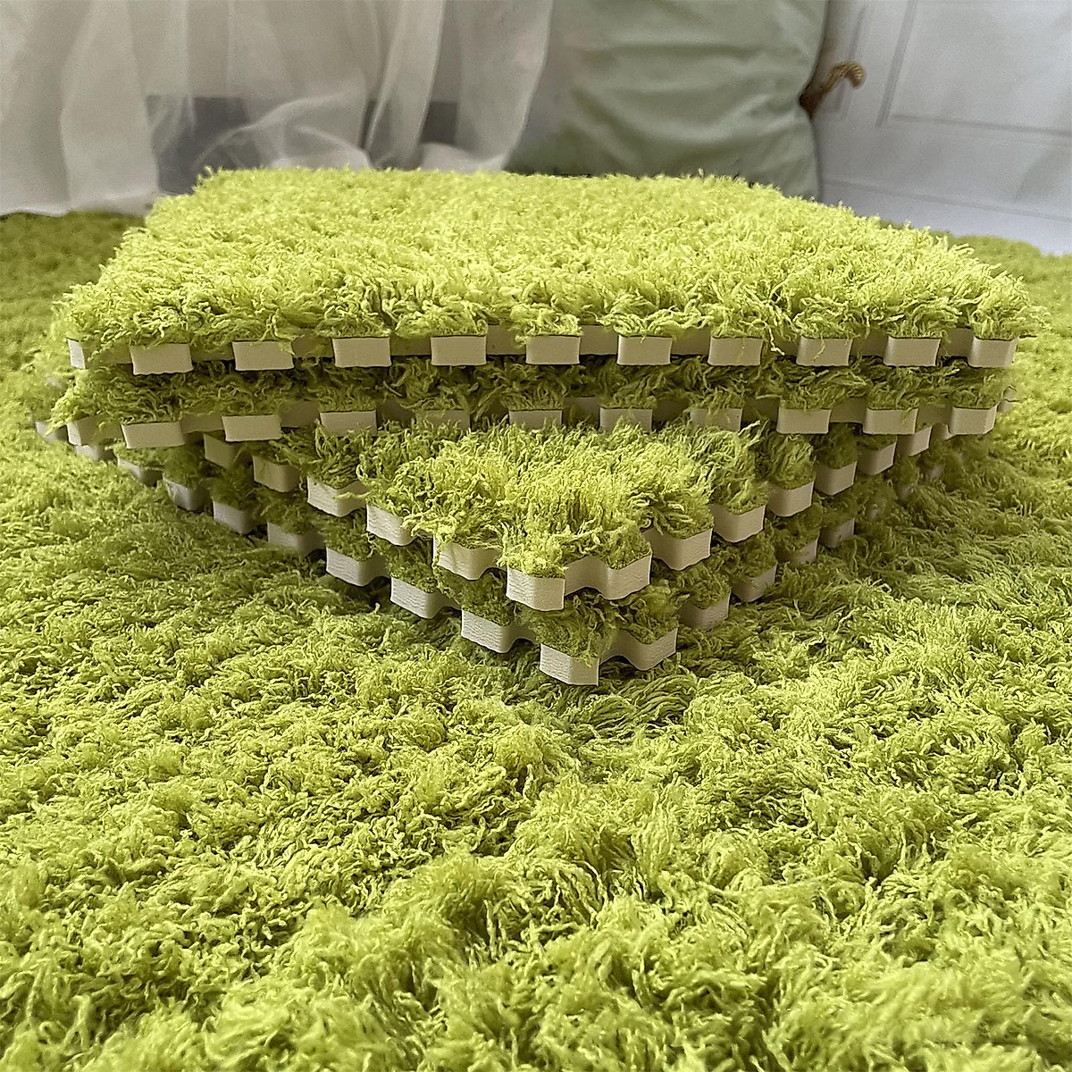 12 Pcs -12 Sq.ft. Non-Slip Shaggy Interlocking Foam Tiles,Plush Puzzle Floor Mat,Area Rugs,Carpet Square,Wear-Resistant Playmat,12x12 Inch(Color:Blue)