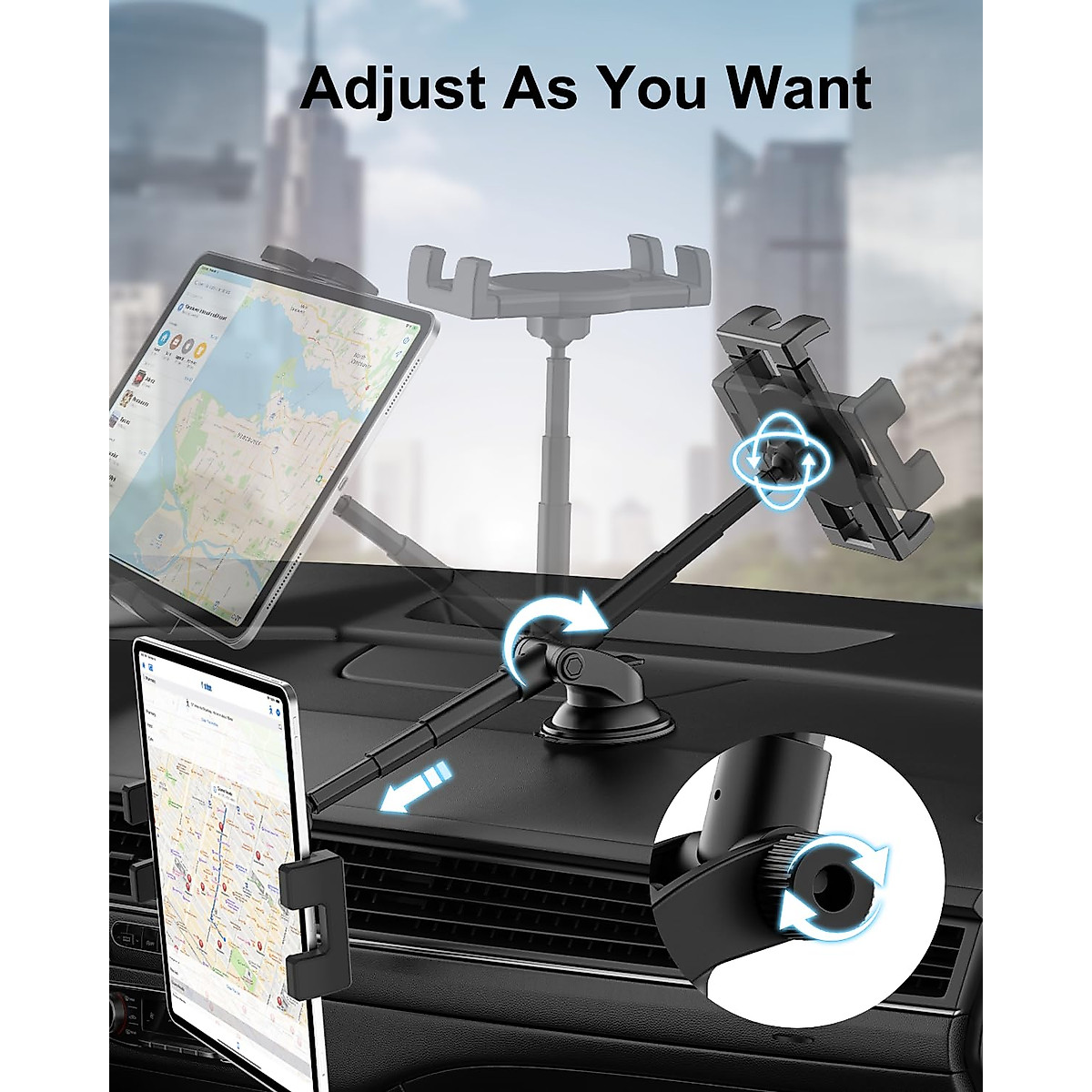 woleyi Dashboard Car Tablet Mount, Telescopic Tube Suction Cup Car Tablet Holder, Compatible with iPad Pro/Air/Mini, Galaxy Tab/Z Fold, Fire HD, Surface, iPhone, More 4.7-13" Cell Phones and Tablets