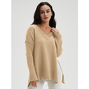 DEEP SELF Women's V Neck Oversized Sweaters 2024 Fall Winter Long Sleeve Split Hem Casual Asymmetric Tunic Pullover Sweater Knit Tops (Apricot, Small)