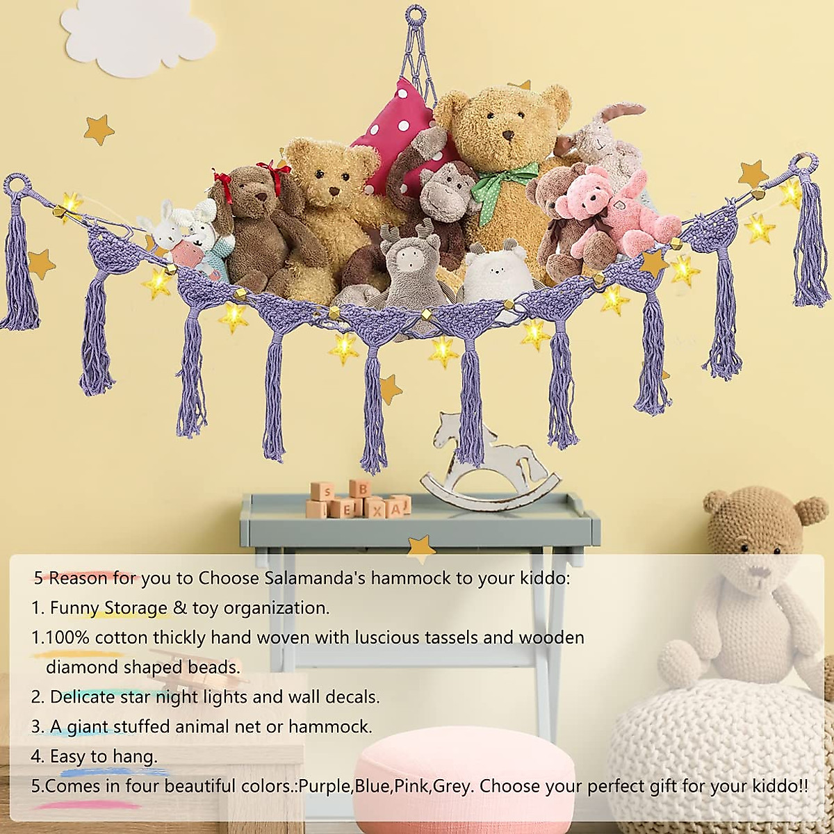 Salamanda Stuffed Animal Net or Hammock with wall decal and star LED Light, Boho Toy Hammock Hanging Stuffed Animal Storage Net Organizer Holder for Bedroom, Nursery (B-Purple)