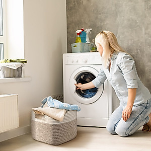 LOVSTORAGE Cotton Rope Basket for Storage, Set of 3 Storage Baskets for Organizing with Handles Woven Laundry Basket in Living Laundry Room for Blankets Toys Throws Pillows Towels 15x10x9" White/Brown