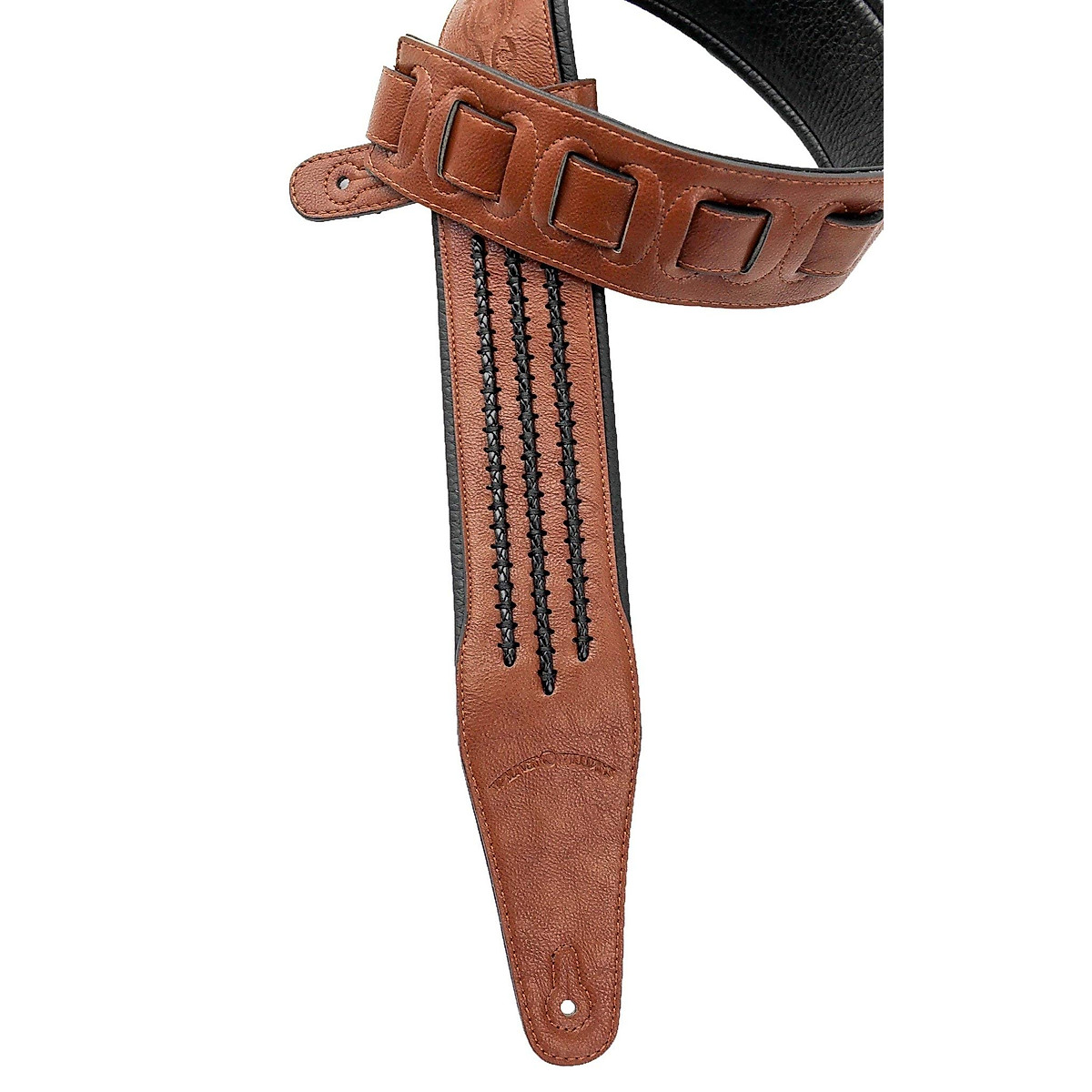 Walker & Williams G-556 London Tan Tooled Leather Strap with Leather Lacing For Acoustic, Electric, And Bass Guitars