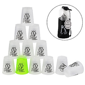 DEWEL Stacking Cup Game with 15 Stack Ways, 12pcs Cup Stacking Set, Sport Stacking Cups with BPA-Free Material, Classic Family Game, Great Gift Idea for Stack Games Lover. (11 White&1 Green)