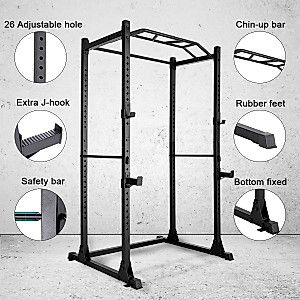 Power Rack Power Cage Workout Station Home Gym for Weightlifting Bodybuilding and Strength Training (1200lb Capacity with 2 Extra J-Hooks)