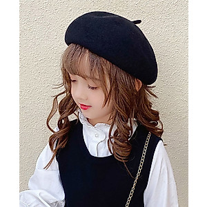 Kids Girls French Beret Hat Artist Hat Solid Warm Beanie Cap Winter Autumn (Black, 1)