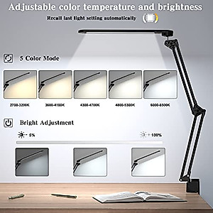 LED Desk Lamp with Clamp, OZAPZ 12W LED Clamp Light with 5 Color Temperatures, Stepless Dimmer, Metal Clamp Lamp with 360 Degree Swing Arms, Clamp Desk Lamp for Work, Living Room, Sewing, Craft(Black)