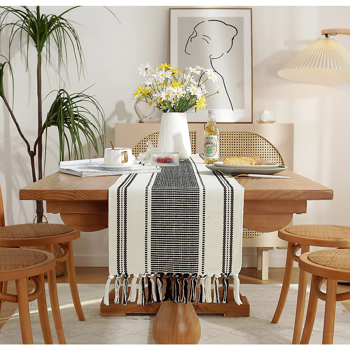 Caflife Boho Table Runner Balck and White for Modern Farmhouse Decor, Natural Cotton Woven Runner with Tassels for Home Dining Table décor 13 x 72 Inch Long