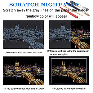 Ameolela Rainbow Scratch Painting Paper, Sketch DIY Art Craft City Series Night View Creative Gift, Scratchboard for Adults and Kids, Craft Kits with 4 Tools, 16x11 inches（Cologne Cathedral）