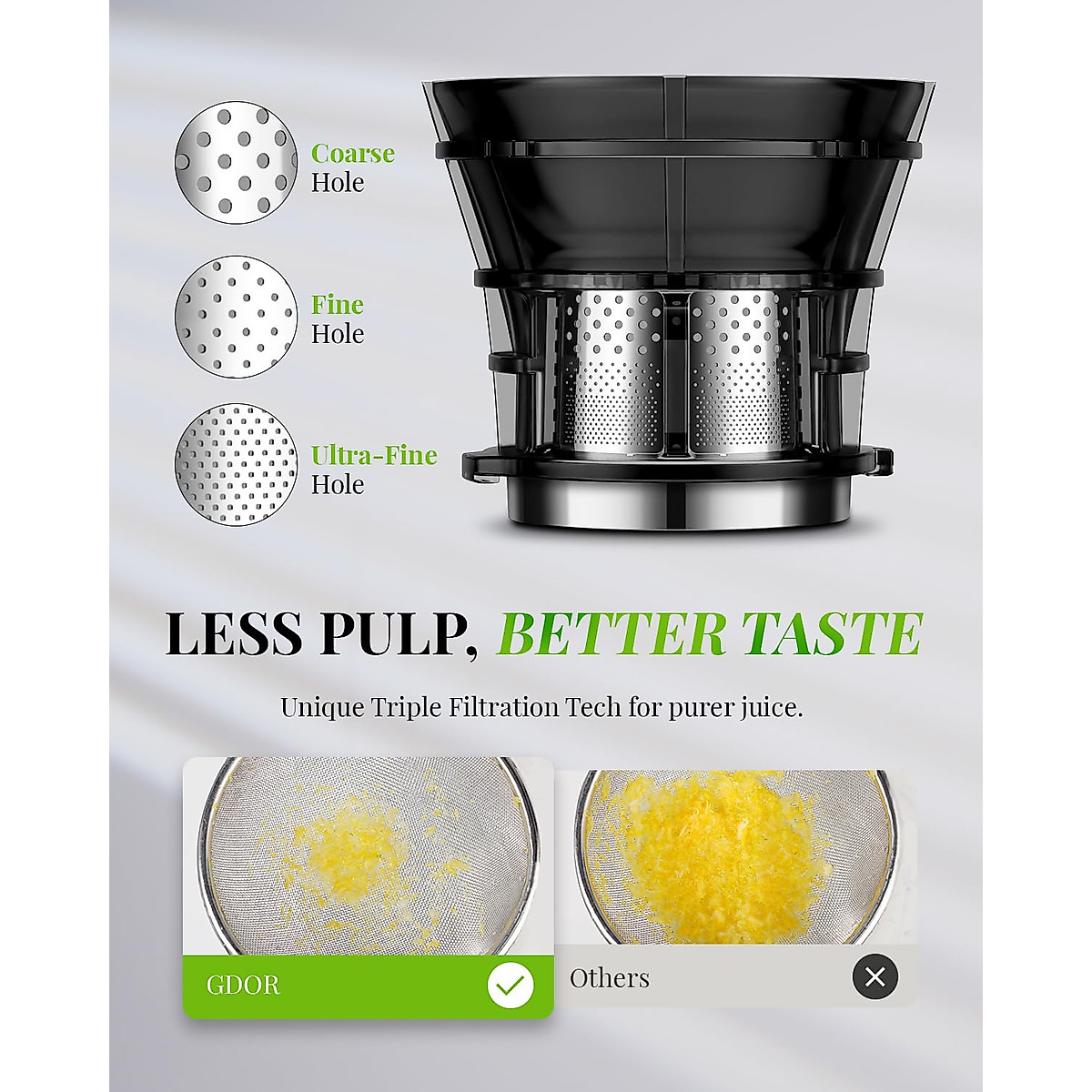 GDOR Cold Press Masticating Juicer Machines, Self Feeding Slow Pure Juicer, 5.3" Extra Feed Chute Fit Whole Vegetable and Fruit, Grey