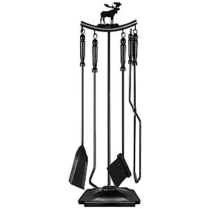 Firesrc 5Pcs Fireplace Tools Set Black Handle Wrought Iron and Holder Outdoor Fireset Fire Pit Stand Indoor Rustic Tongs Shovel Antique Brush Chimney Poker Wood Accessories Kit