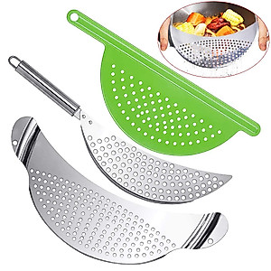 3pcs Stainless Steel Pot Strainer, Pasta Strainer Hand Held Pot Drainer with Handle, Crescent Pot Strainer Fits up to 9" Pots for Noodles Pasta Fruit Veggies