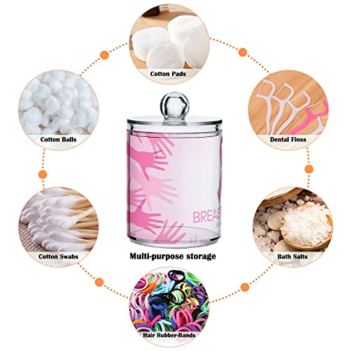 Breast Cancer Awareness 2 Pack 10 OZ Qtip Holder Dispenser for Cotton Ball, Cotton Swab, Cotton Round Pads, Floss, Plastic Apothecary Jar Set for Bathroom Canister Storage Organization, Vanity Makeup Organizer